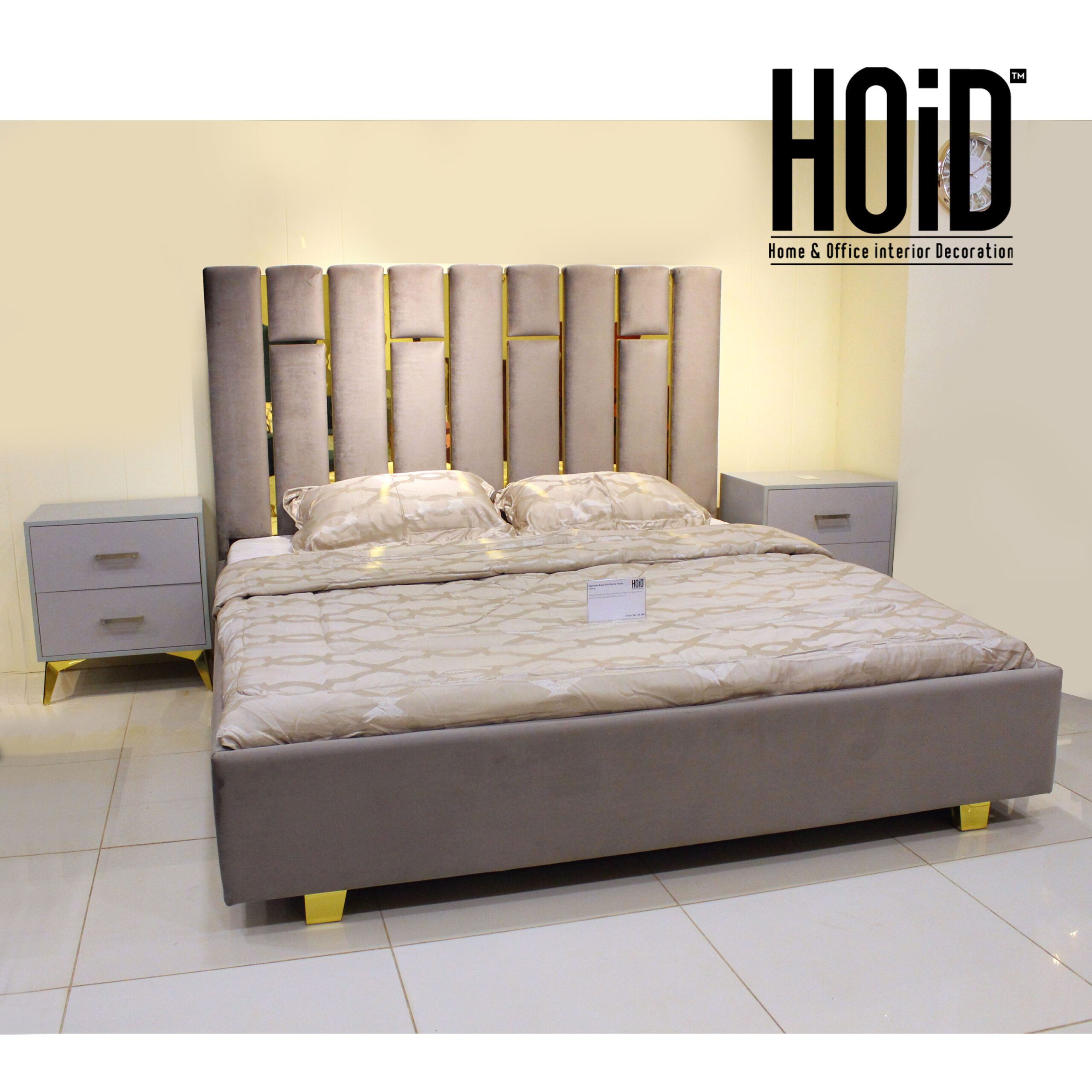 Supreme King Size Bed in Suede Fabric with 2 Side Tables - HOiD.pk