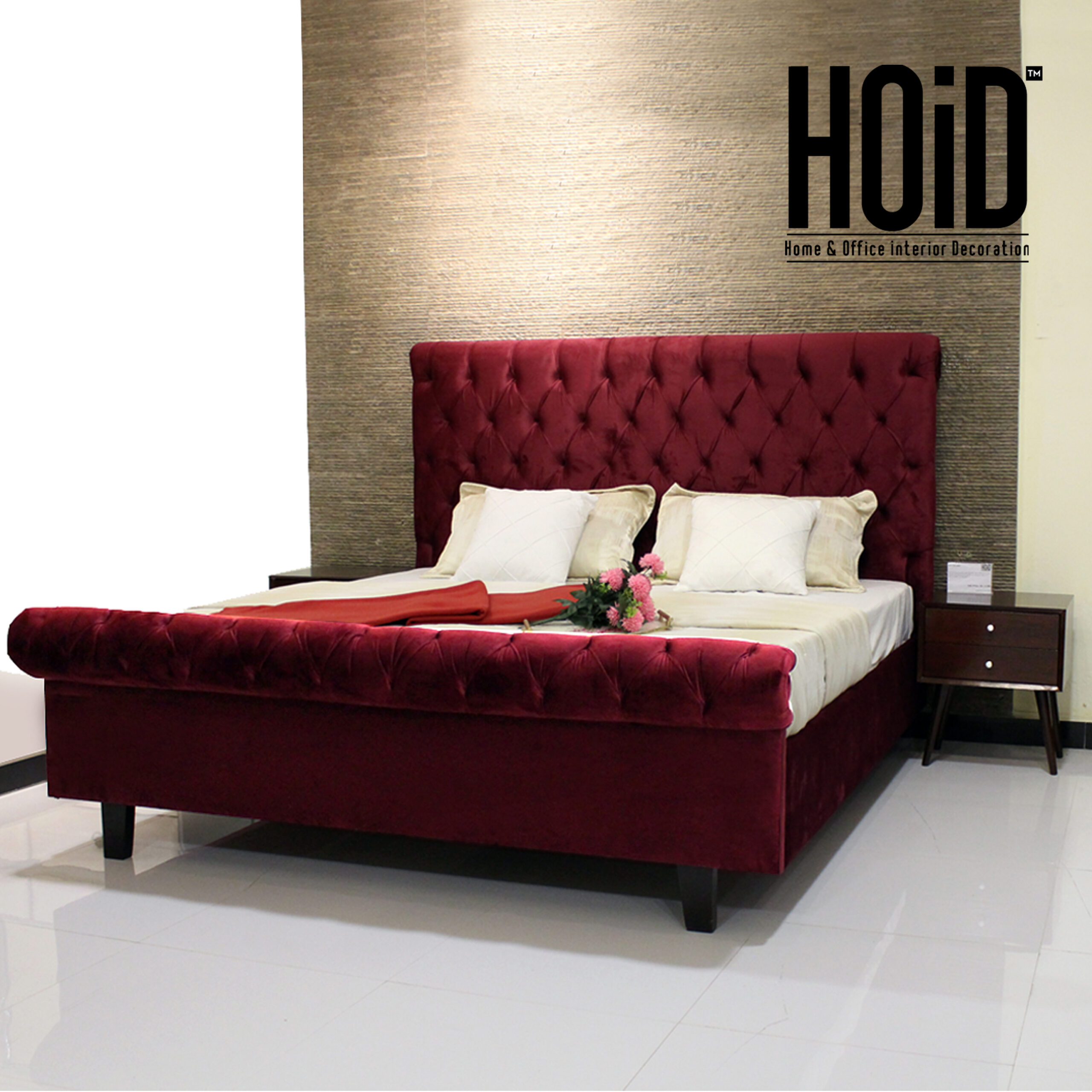 Prime Tufted Bed in Suede Fabric with Kiki Side Tables - HOiD.pk