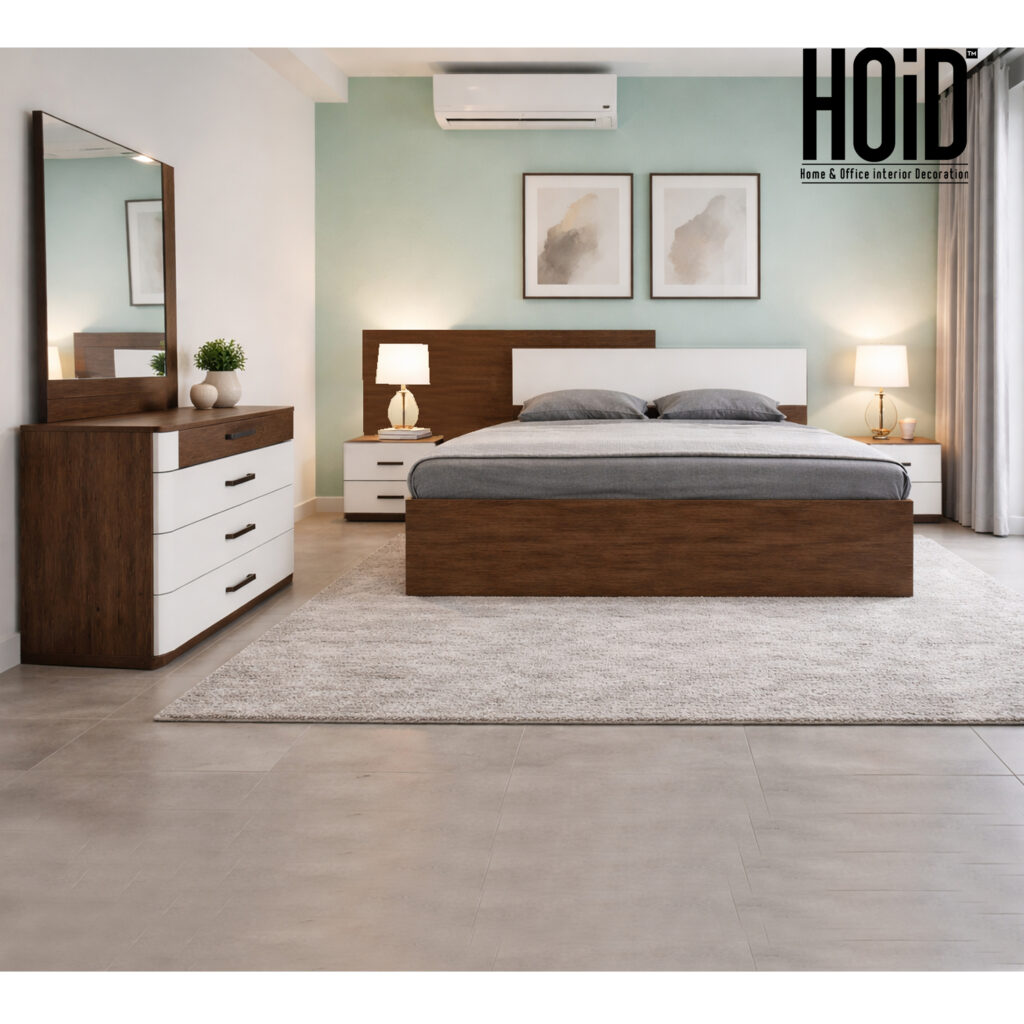 Code Bed with Extended Panel, 2 Side Tables, Dresser with Mirror - HOiD.pk