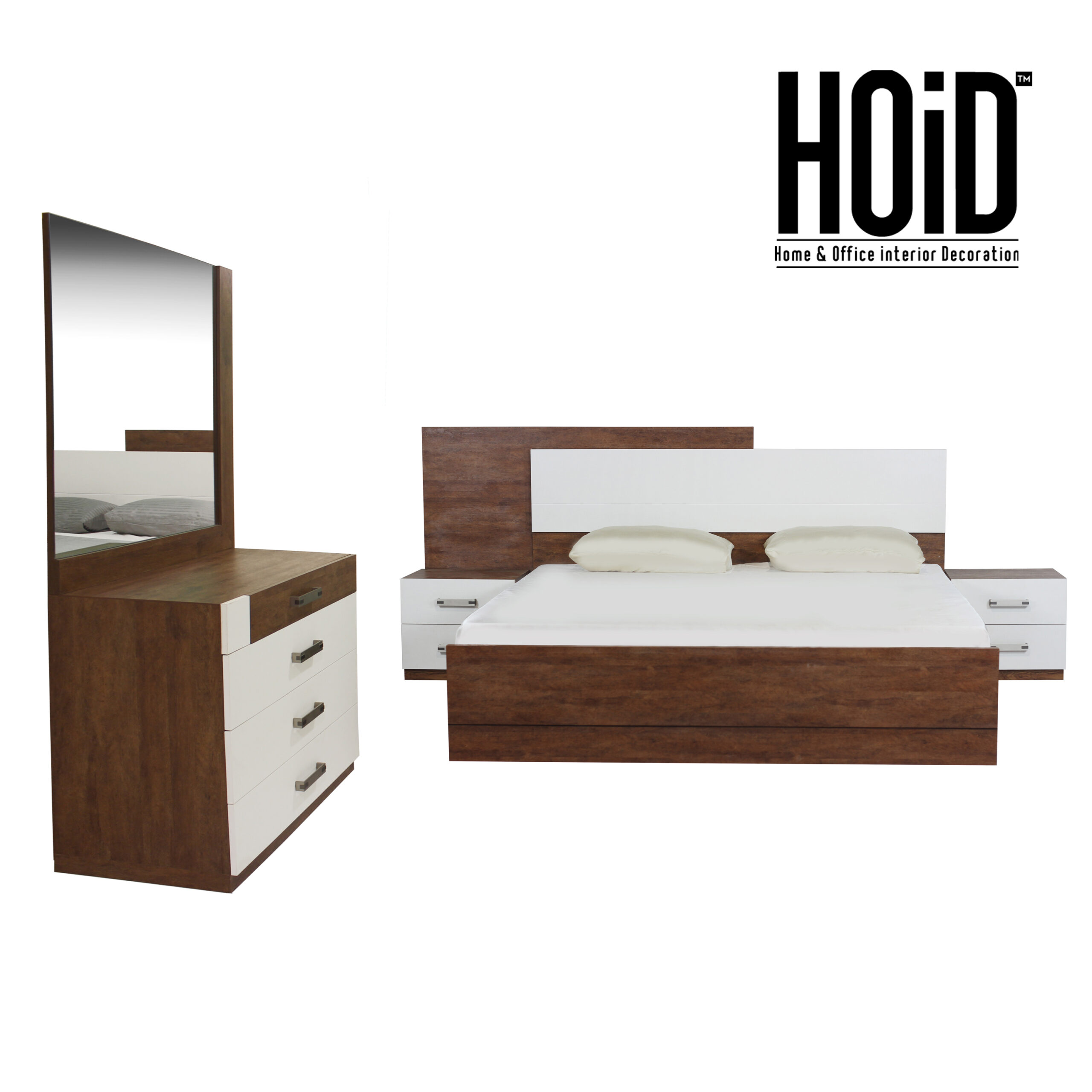 Code Bed with Extended Panel, 2 Side Tables, Dresser with Mirror - HOiD.pk