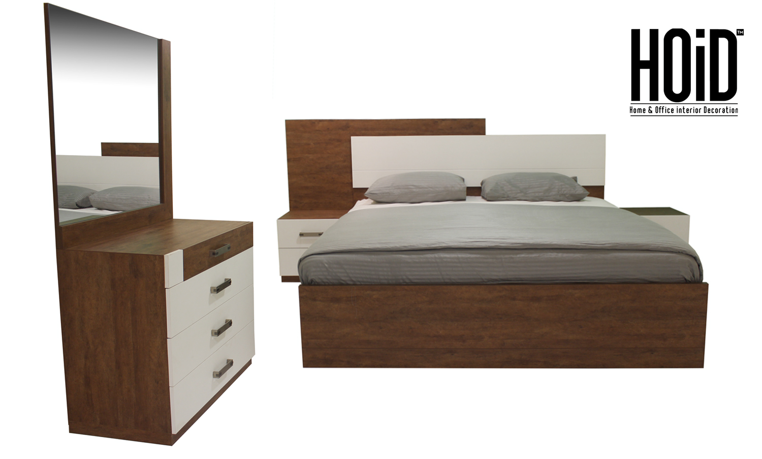 Code Bed with Extended Panel, 2 Side Tables, Dresser, Mirror with 2 ...