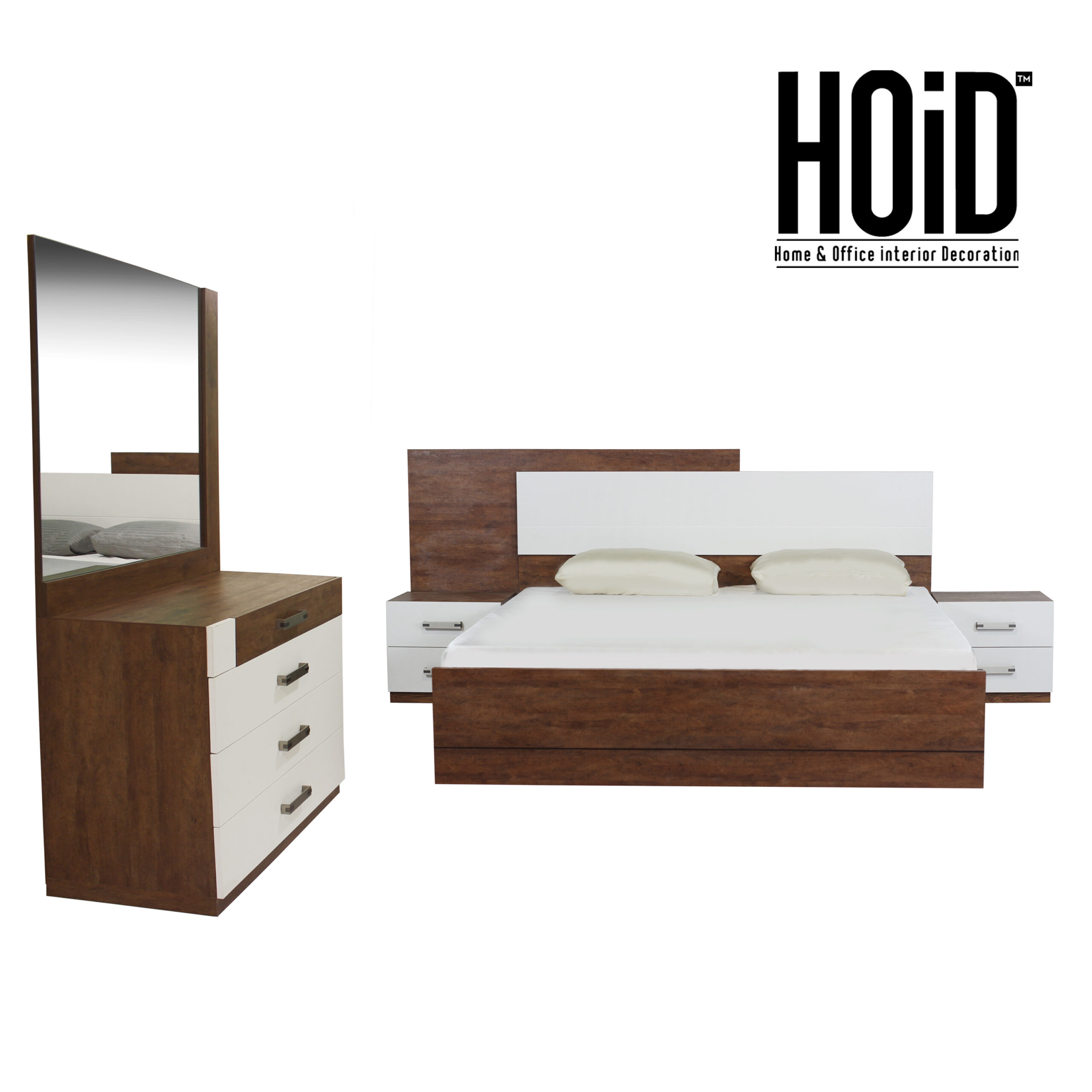 Code Bed with Extended Panel, 2 Side Tables, Dresser with Mirror - HOiD.pk