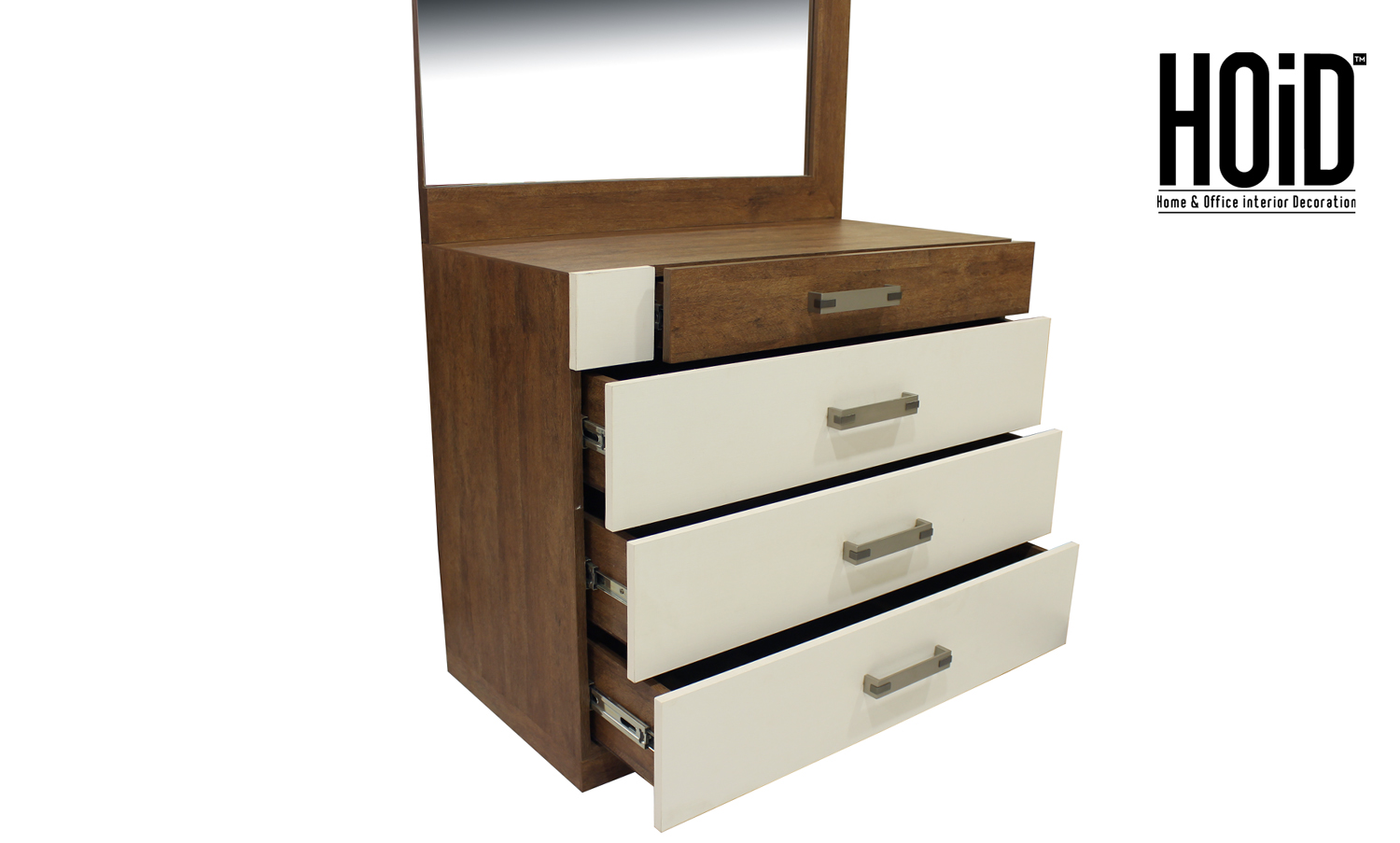 Code Bed with Extended Panel, 2 Side Tables, Dresser with Mirror - HOiD.pk