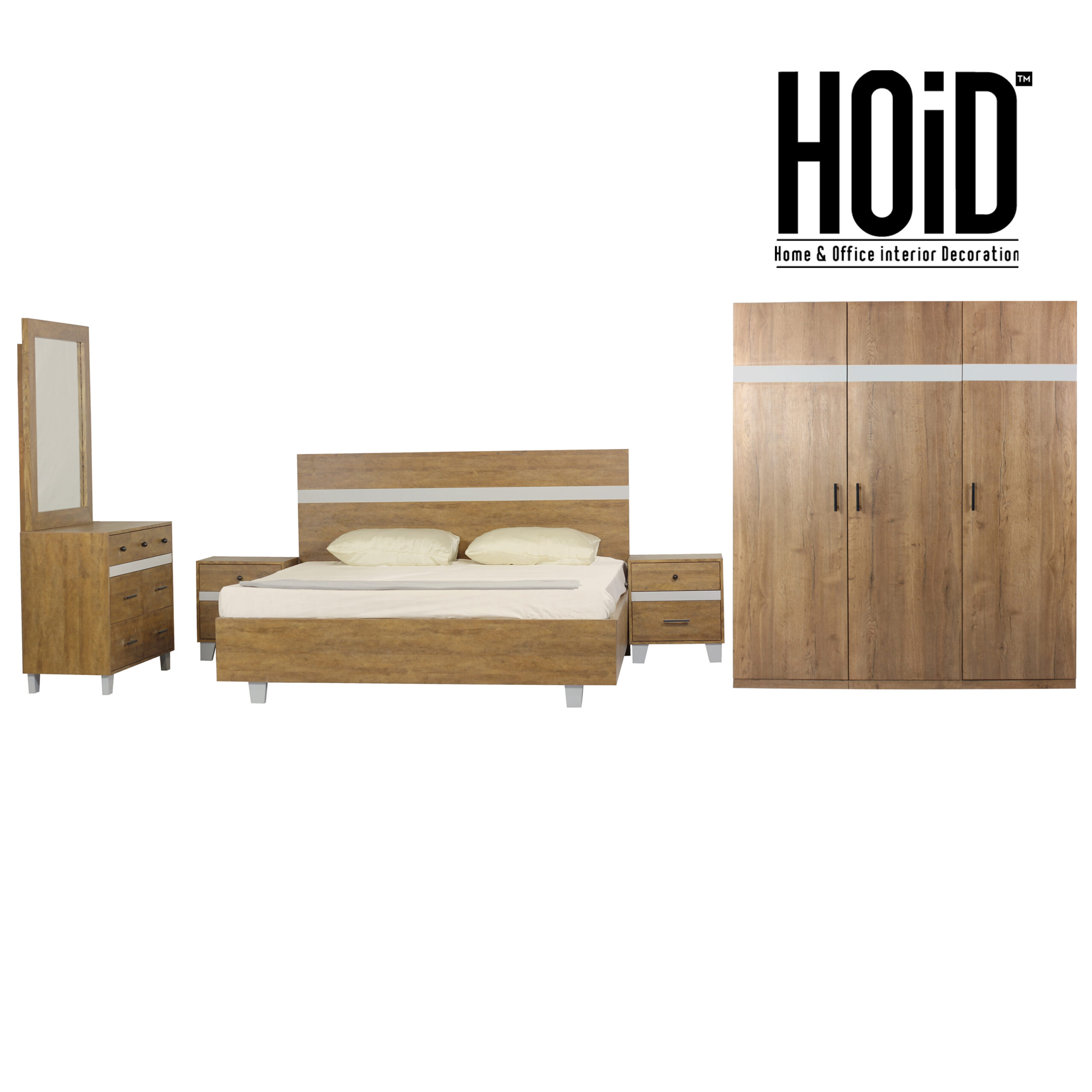 Droll Bed, 2 Side Tables, Dresser & Mirror, 3 Door Wardrobe - HOiD.pk