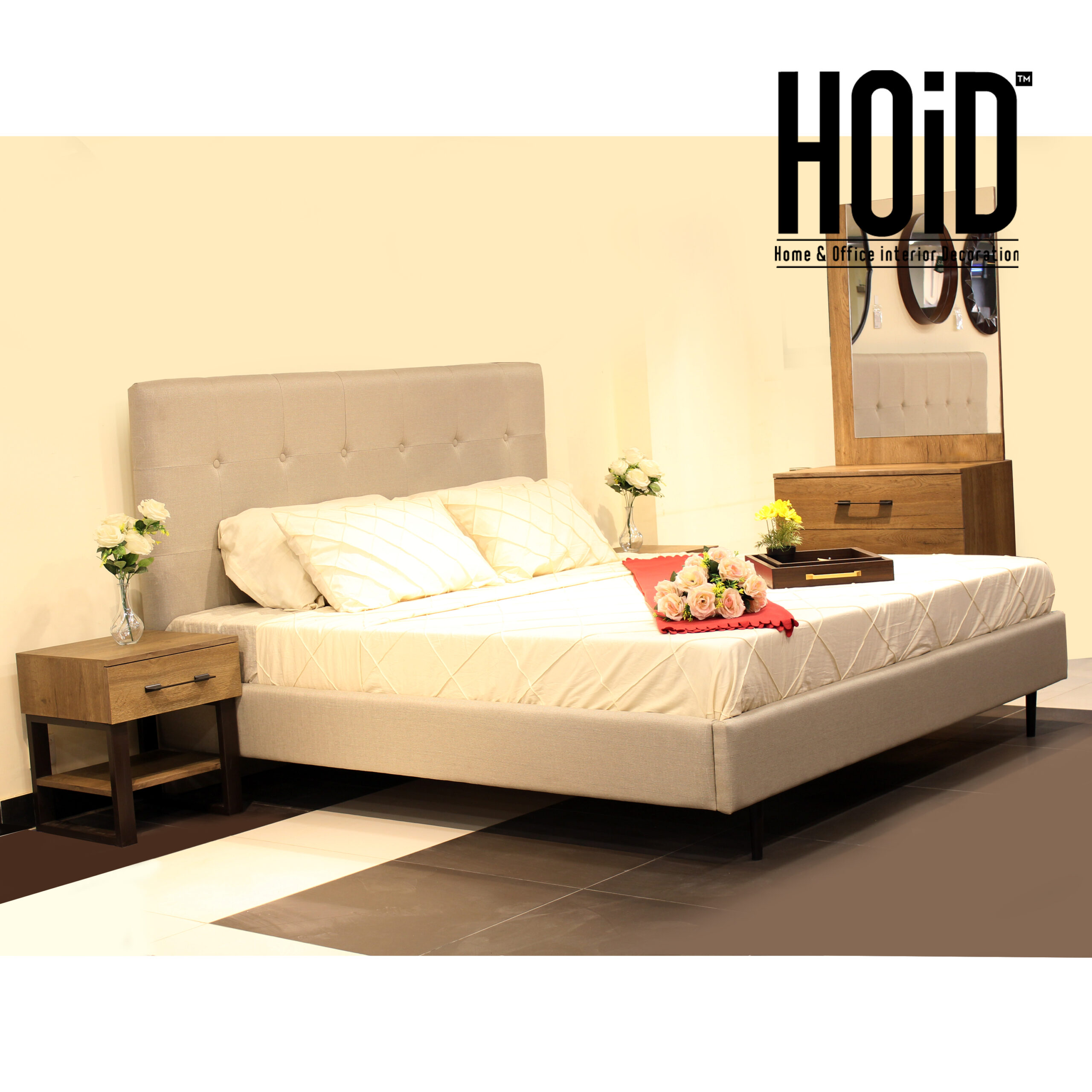 Record Fabric Bed with 2 Explor Side Tables, Dresser with Mirror - HOiD.pk